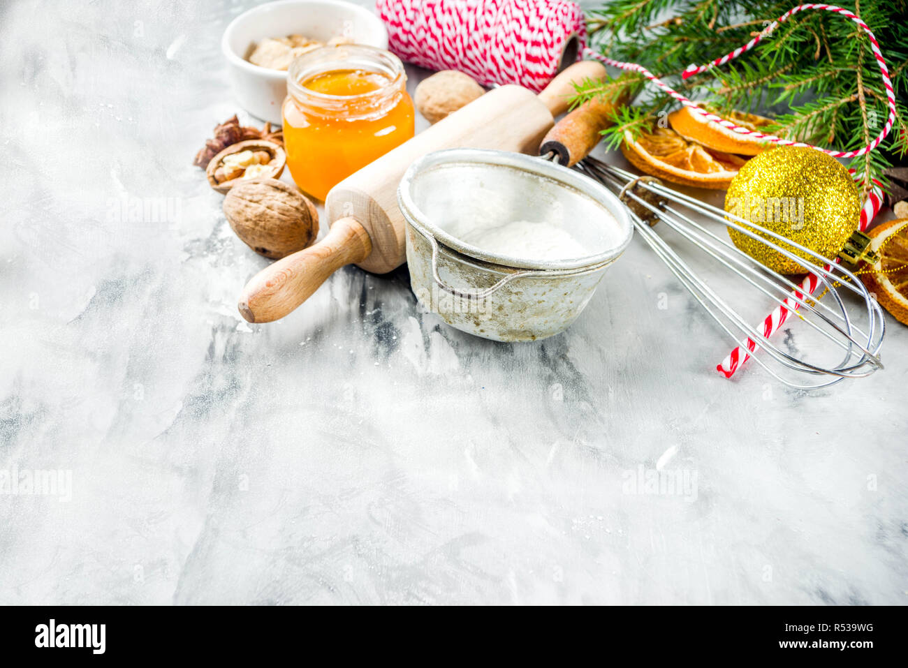 Christmas winter baking concept, ingredients for making cookies, baking ...
