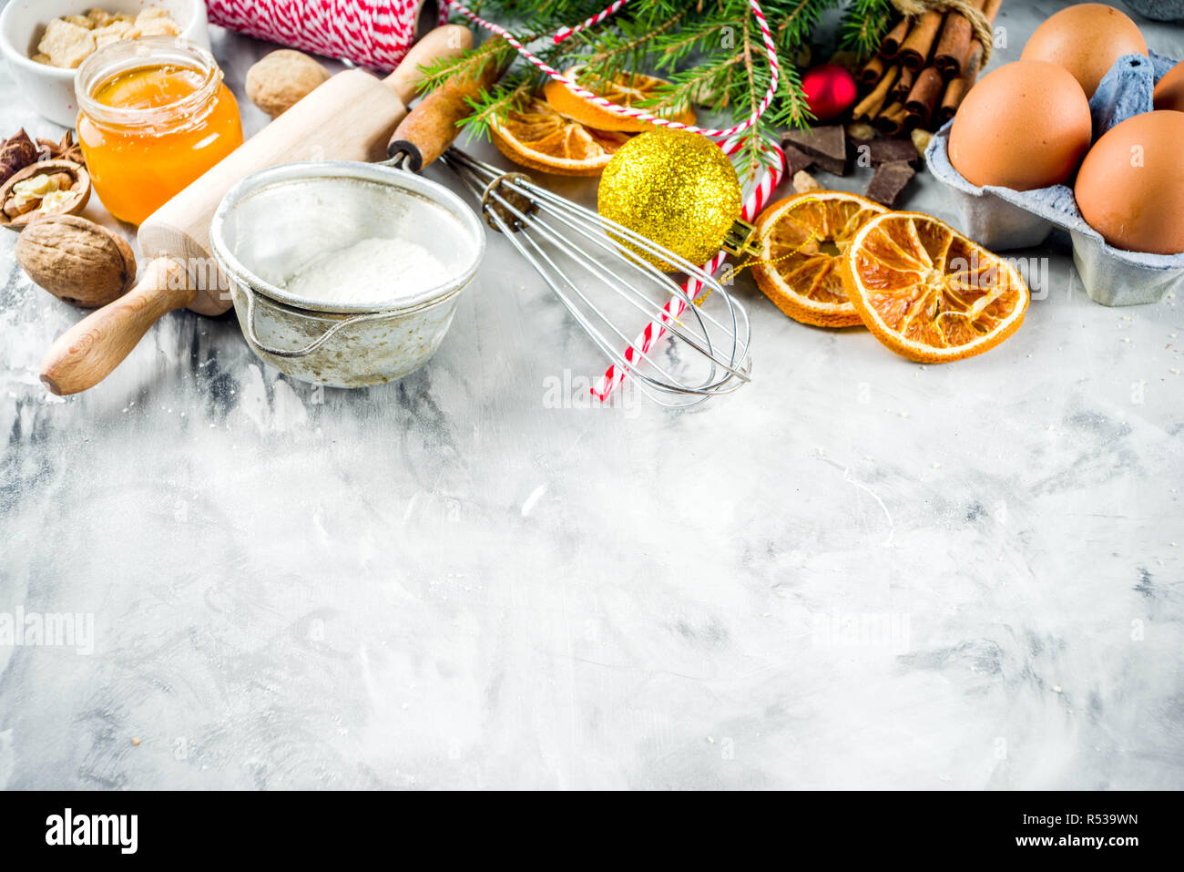 Christmas winter baking concept, ingredients for making cookies, baking ...