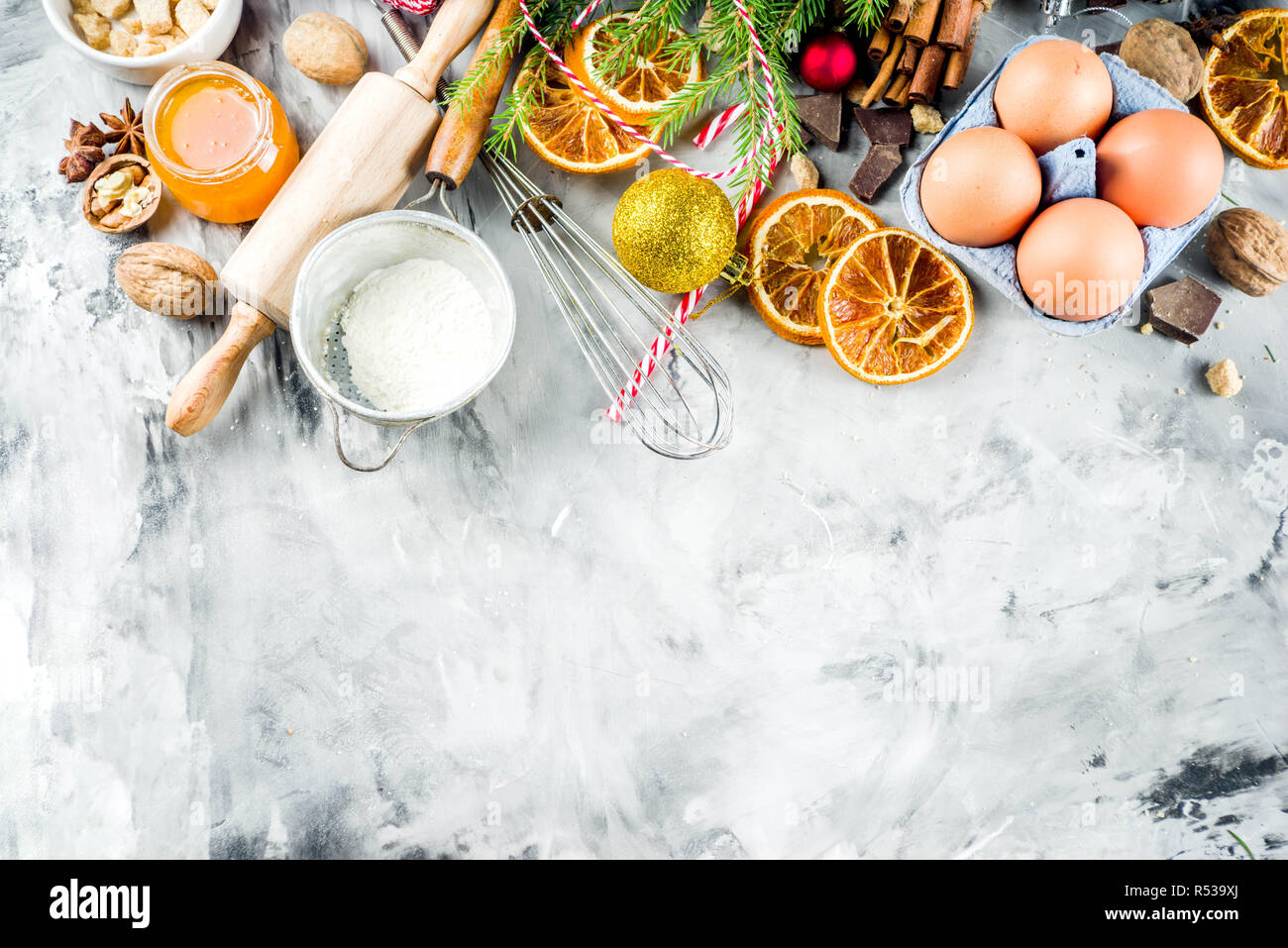Christmas winter baking concept, ingredients for making cookies, baking ...