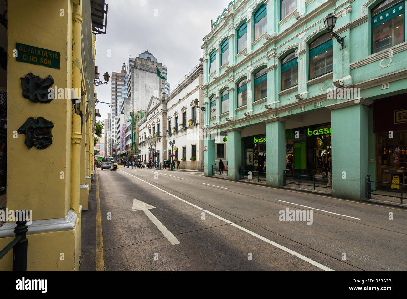 Street in Macau near Senado Square with distinctive Portuguese ...