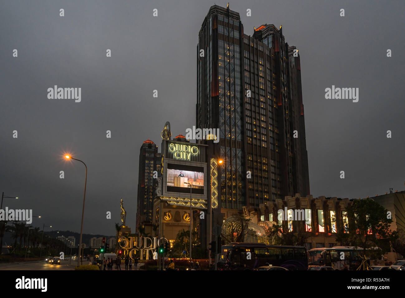 Macau Studio City luxury hotel and casino in a cloudy late afternoon ...