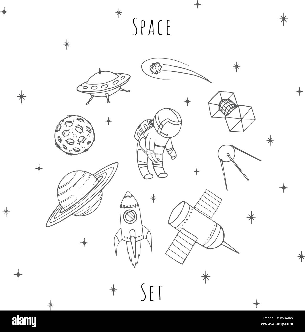 Hand drawn vector space elements: cosmonaut, satelites, rocket, planet ...