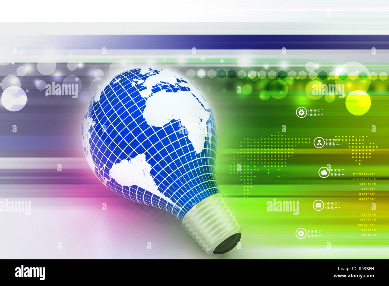 an electric light bulb with a world map Stock Photo - Alamy