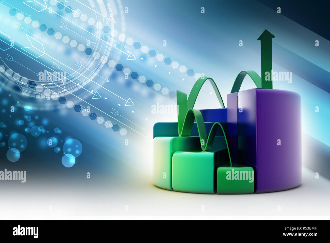 finance pie and bar chart graphs with growing arrow Stock Photo - Alamy