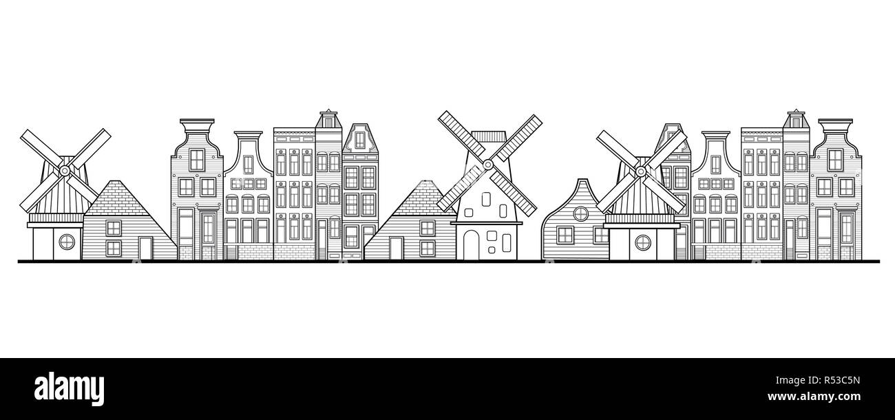 Amsterdam houses, windmill and city style Netherlands Stock Photo - Alamy