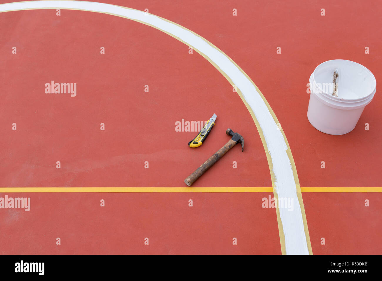 sideline for an outdoor stadium being prepared with tools Stock Photo ...