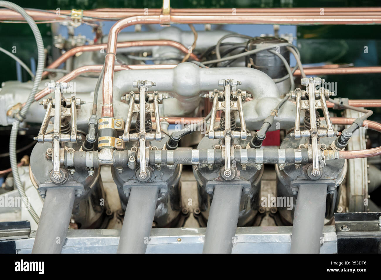 closeup of a vintage automobile engine approx one hundred years old ...