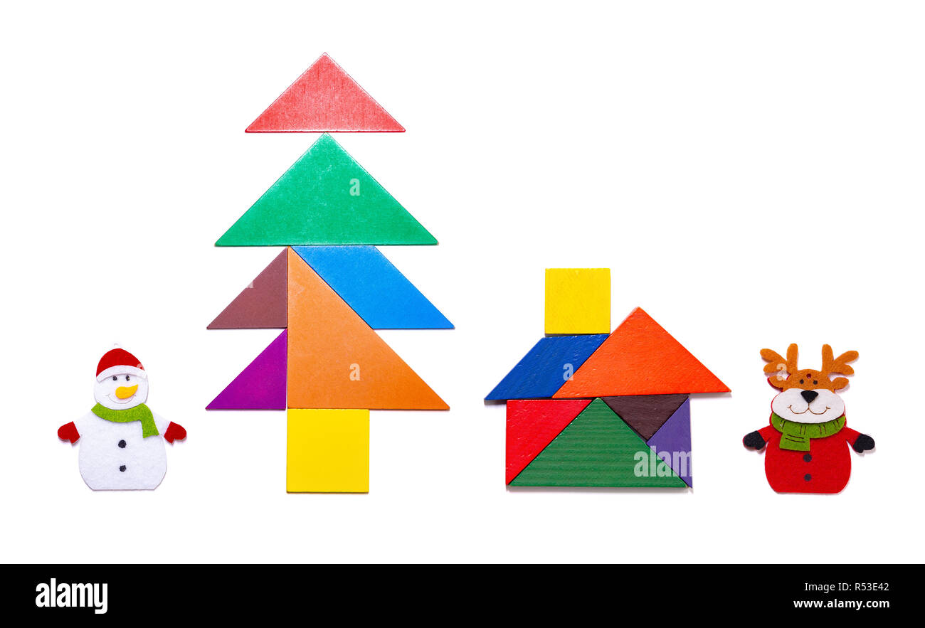 tangram blocks shape as Christmas tree and house with snowman and ...