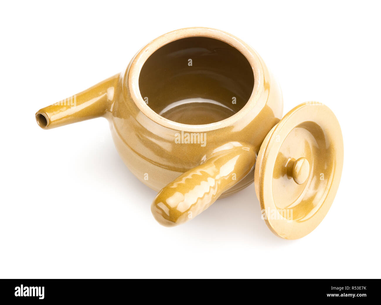 clay pot for boiling herb medicing with the lid open on white Stock ...