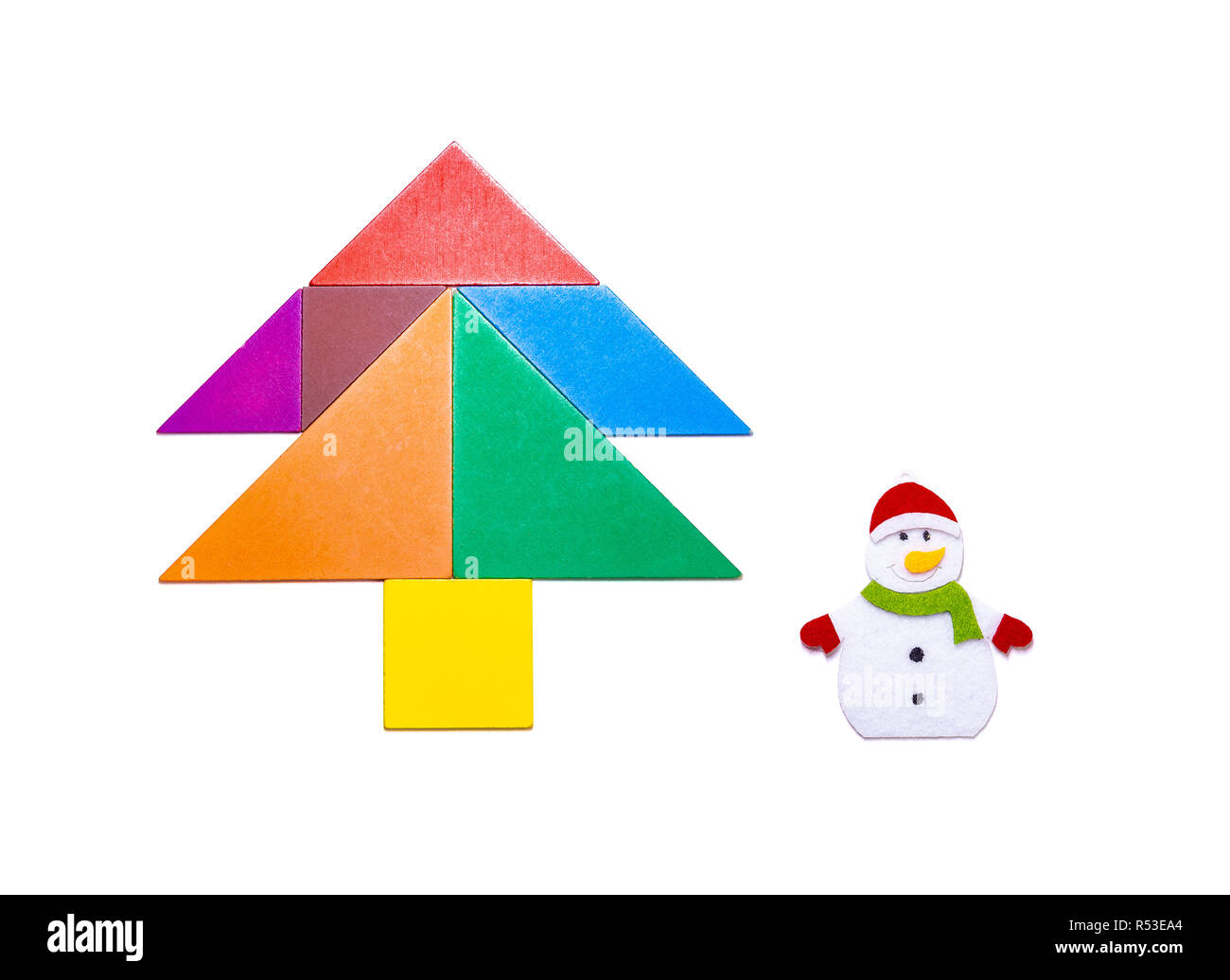 tangram blocks shape as Christmas tree with snowman on white Stock ...