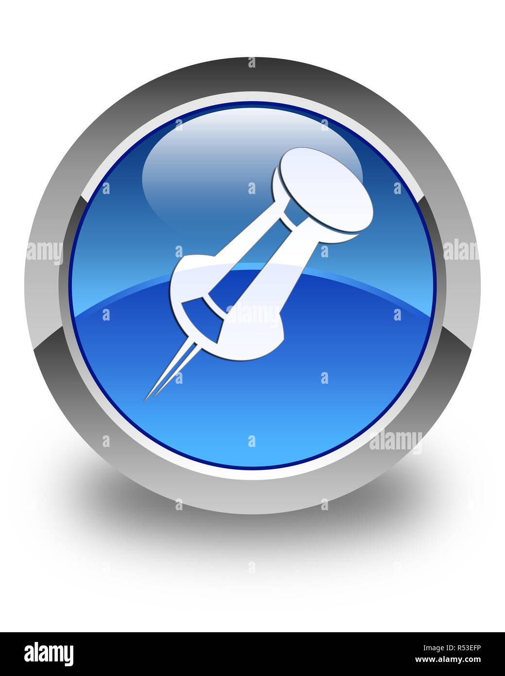 Push pin icon glossy blue round button Stock Photo - Alamy