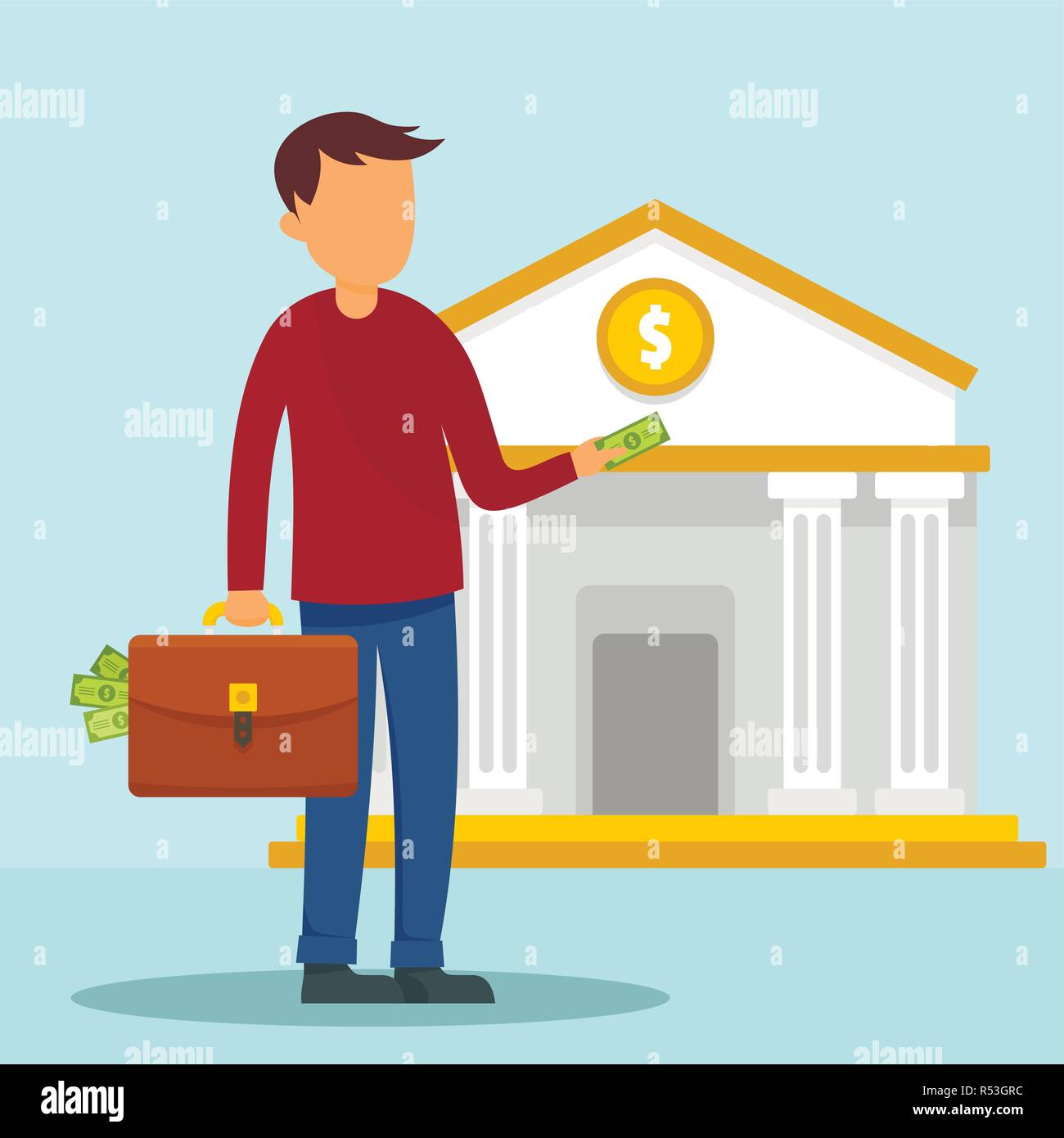 Man take money case to bank concept background. Flat illustration of ...