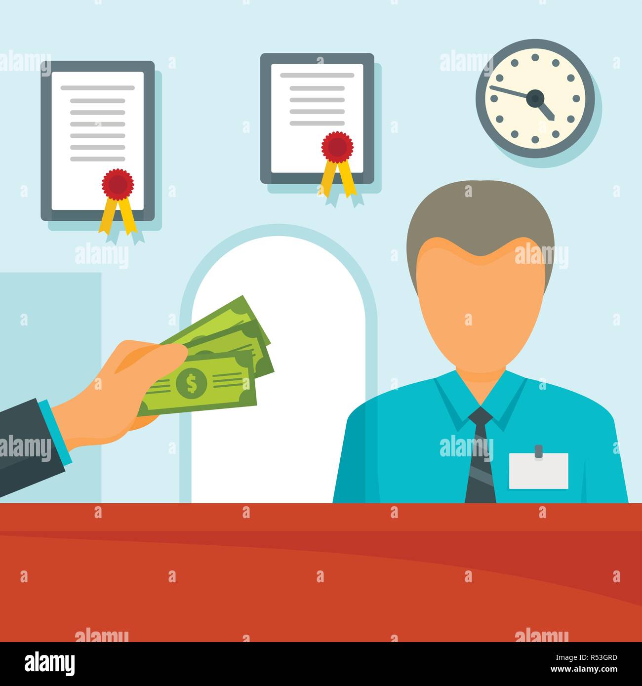 Give money bank manager concept background. Flat illustration of give ...