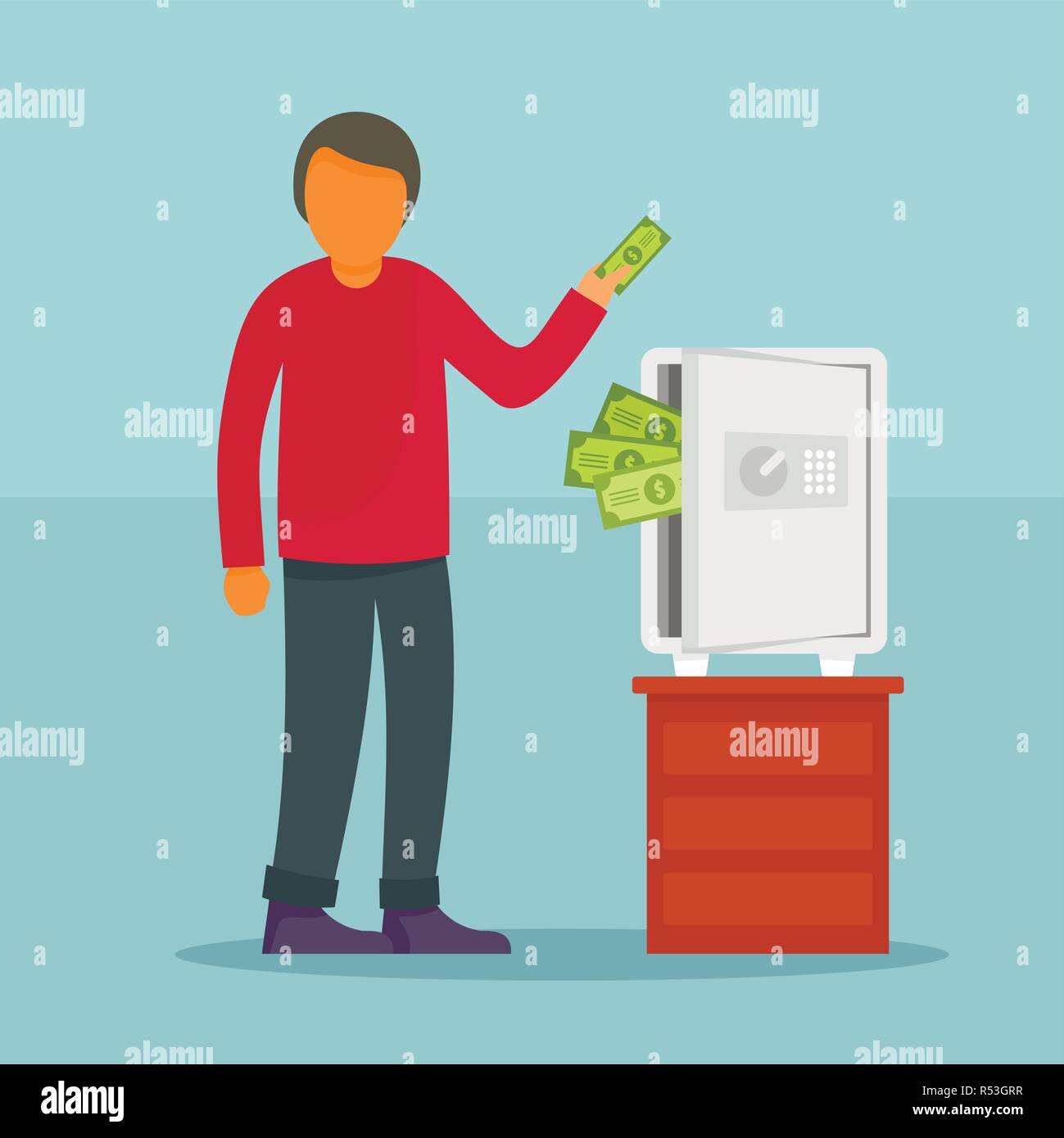 Man take money from safe concept background. Flat illustration of man ...