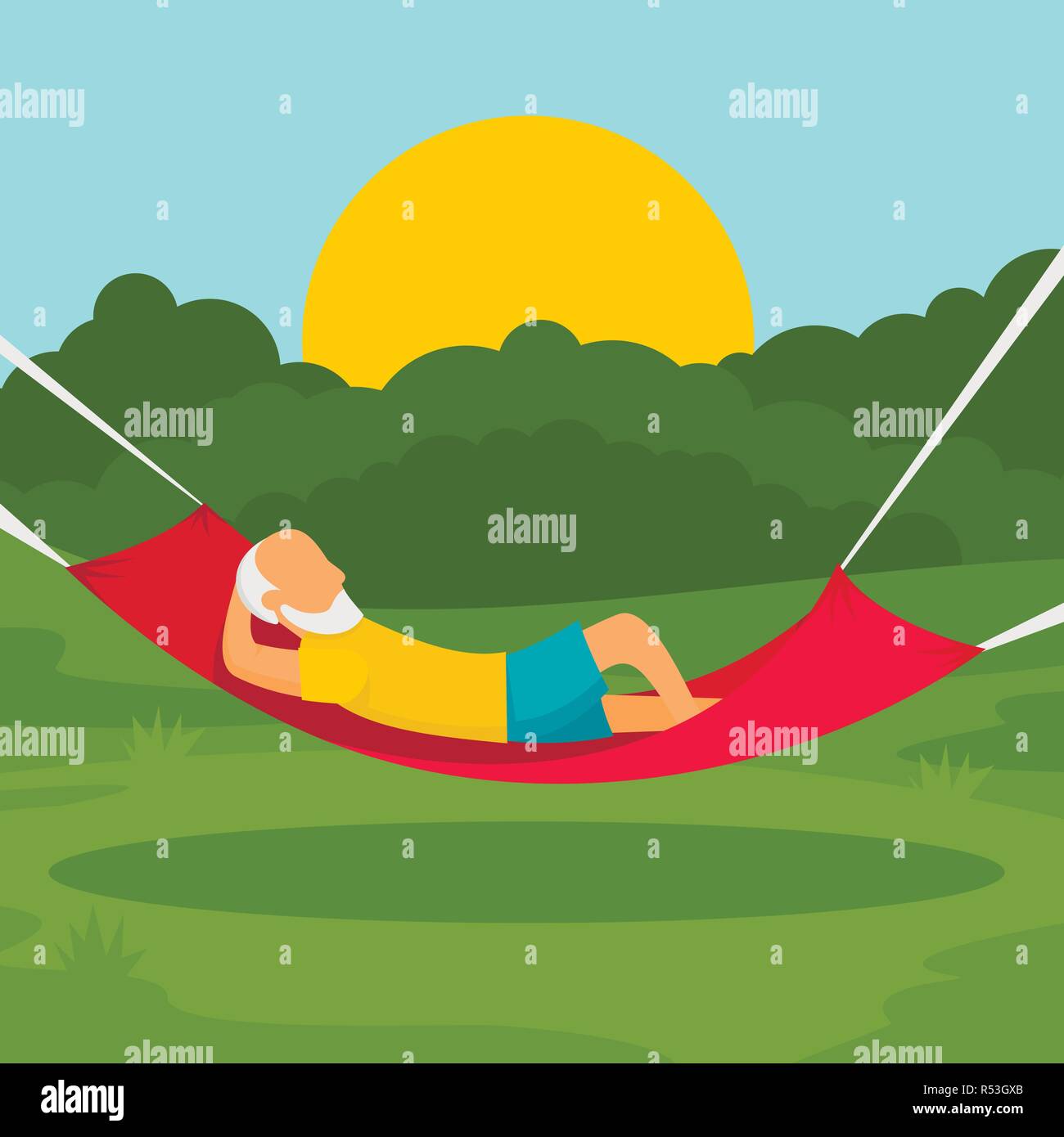Old man rest hammock concept background. Flat illustration of old man ...