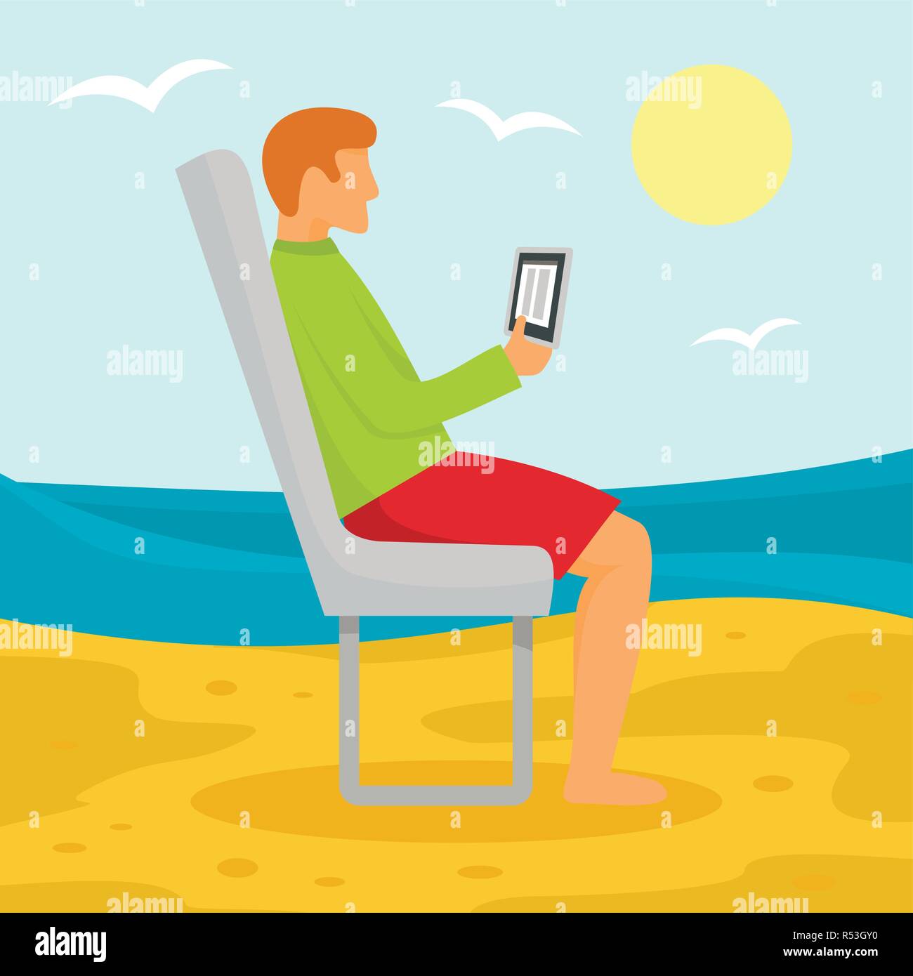 Man distant beach work concept background. Flat illustration of man ...