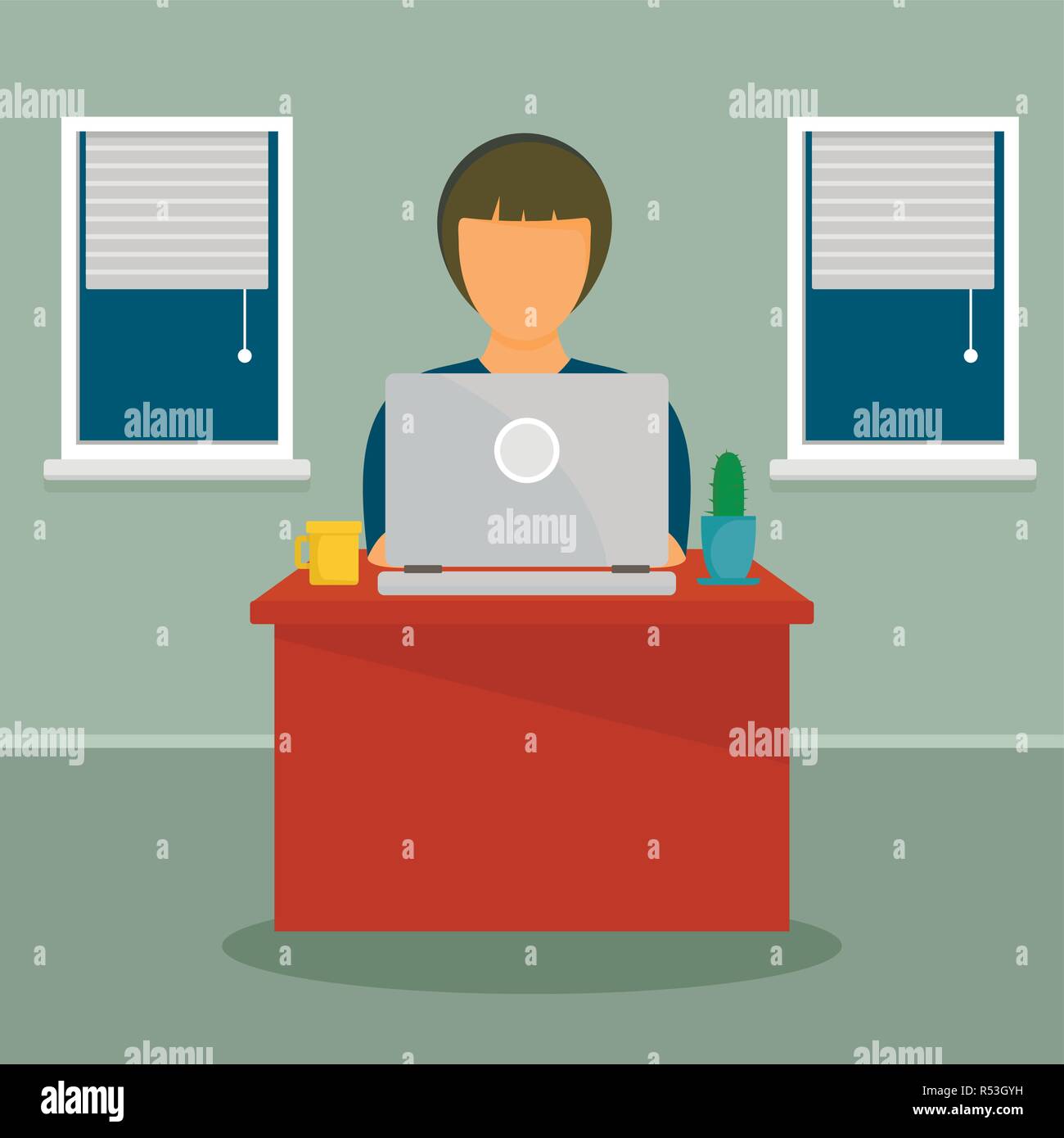 Woman distant work concept background. Flat illustration of woman ...