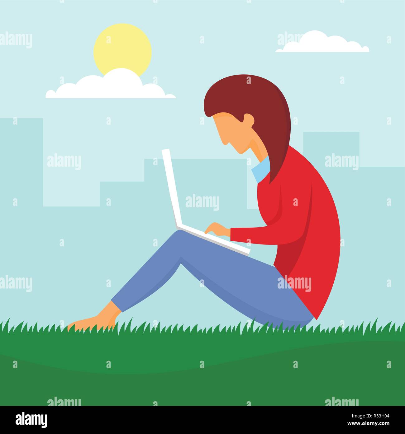 Girl outdoor distant work concept background. Flat illustration of girl ...