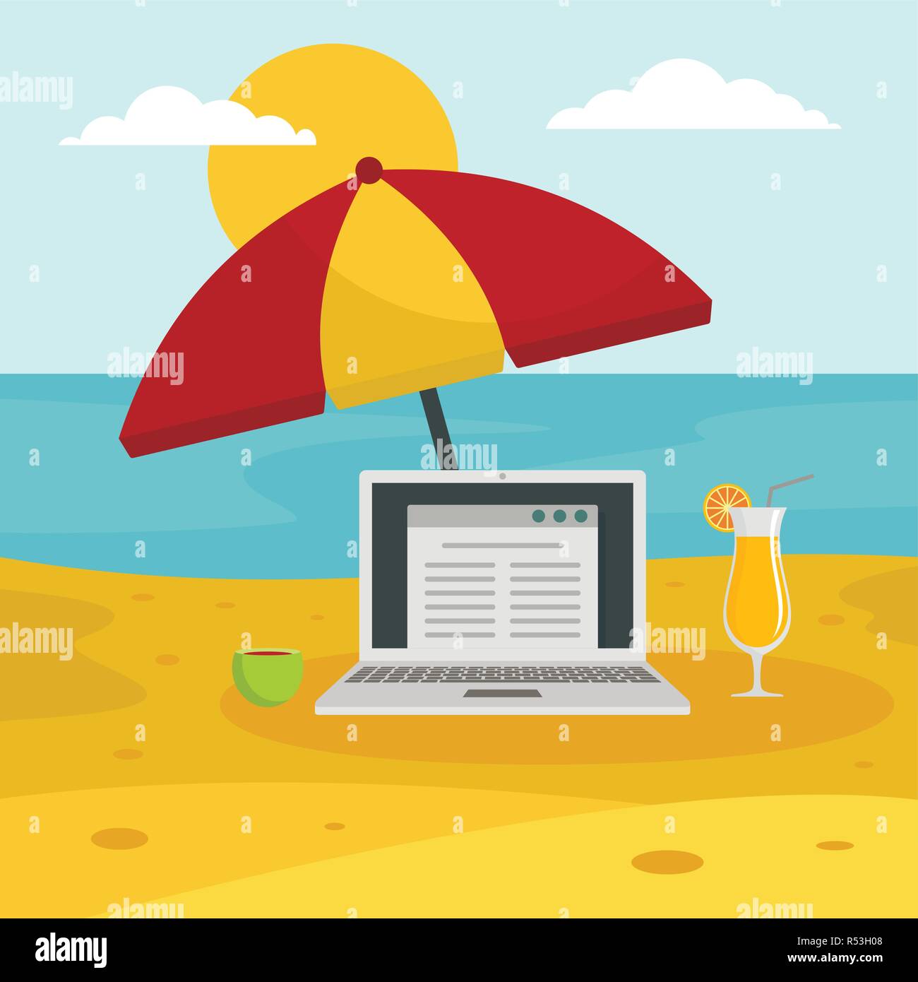 Freelancer notebook at beach concept background. Flat illustration of ...