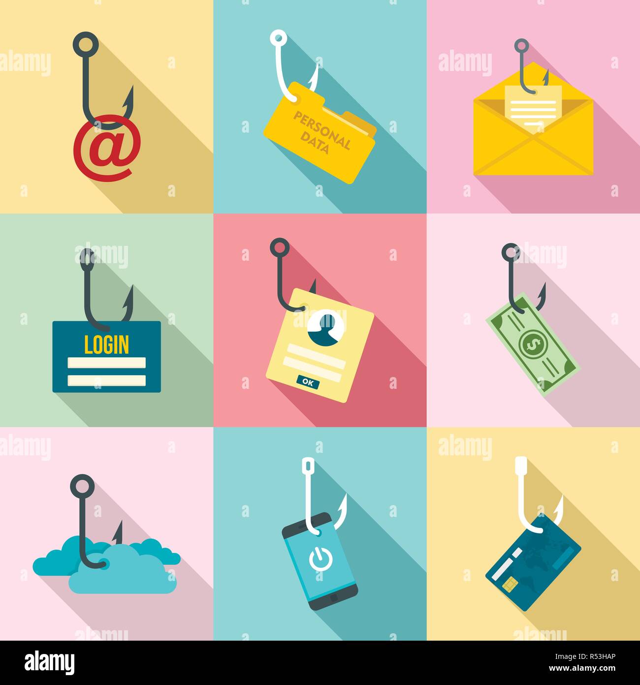 Phishing icon set. Flat set of phishing vector icons for web design ...