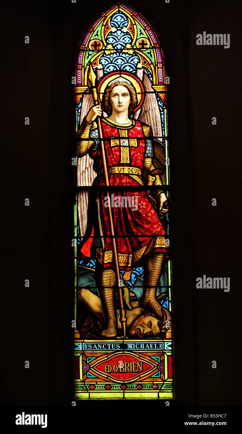 A window made in Reims, France depicting Saint Michael the Archangel in ...