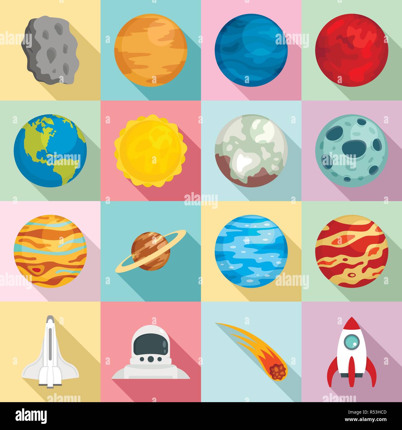 Planets icon set. Flat set of planets vector icons for web design Stock ...