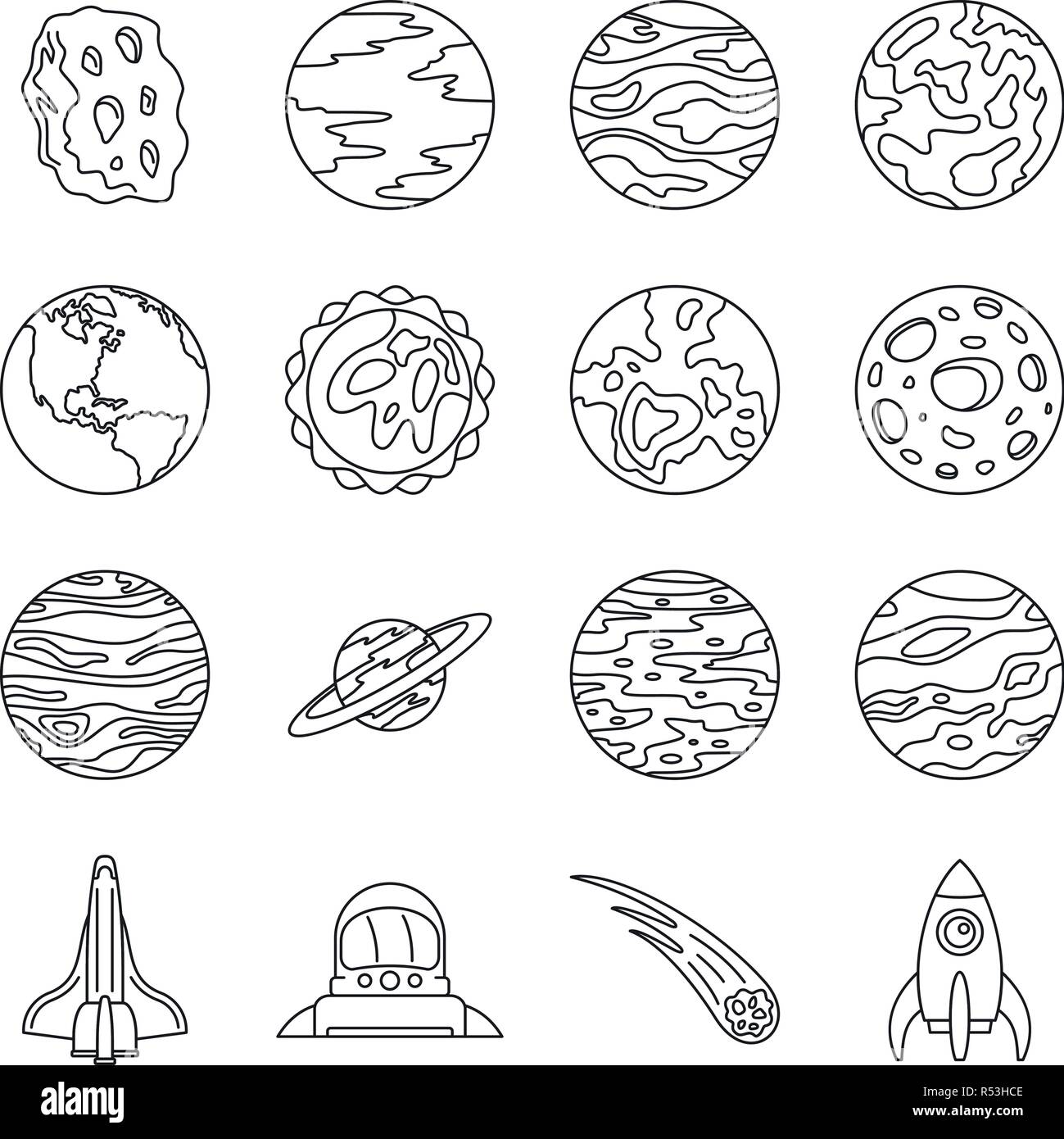 Solar system planets icon set. Outline set of solar system planets ...