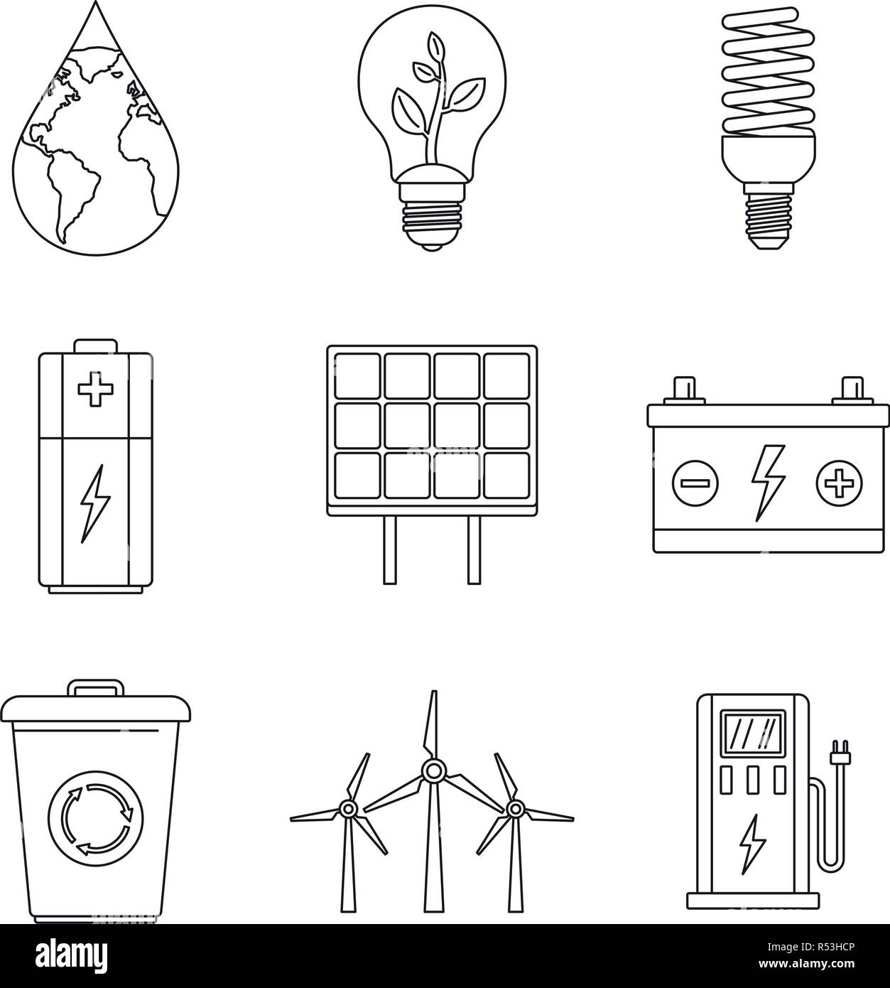 Save energy icon set. Outline set of save energy vector icons for web ...