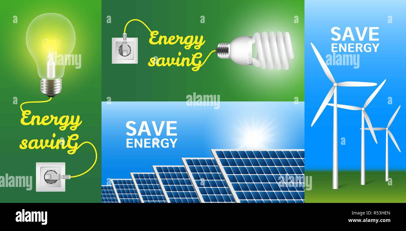 Energy saving banner set. Realistic illustration of energy saving ...