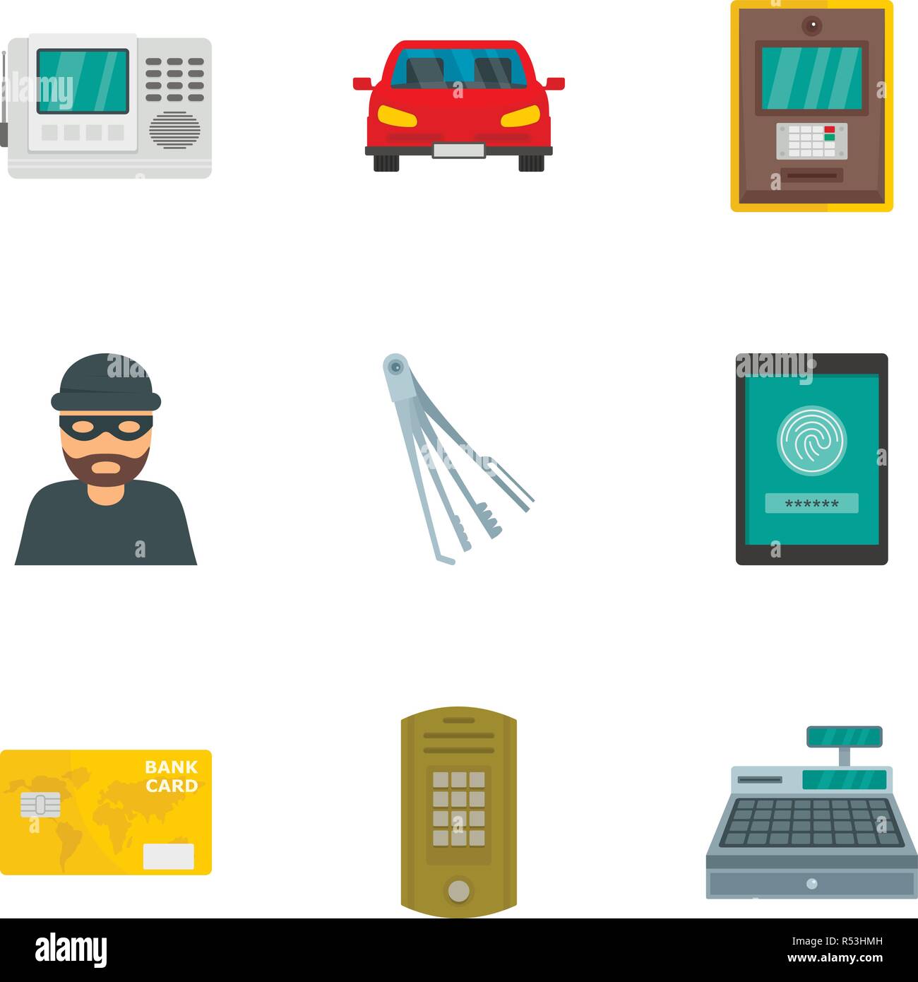 Money security icon set. Flat set of 9 money security vector icons for ...