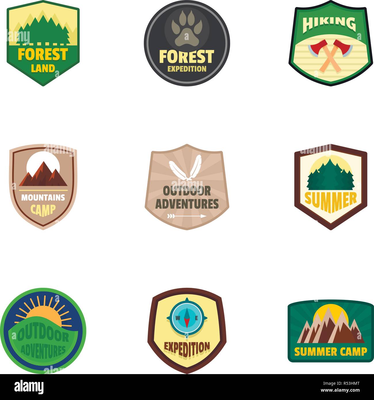 Hiking logo emblem set. Flat set of 9 hiking vector logo emblem for web ...