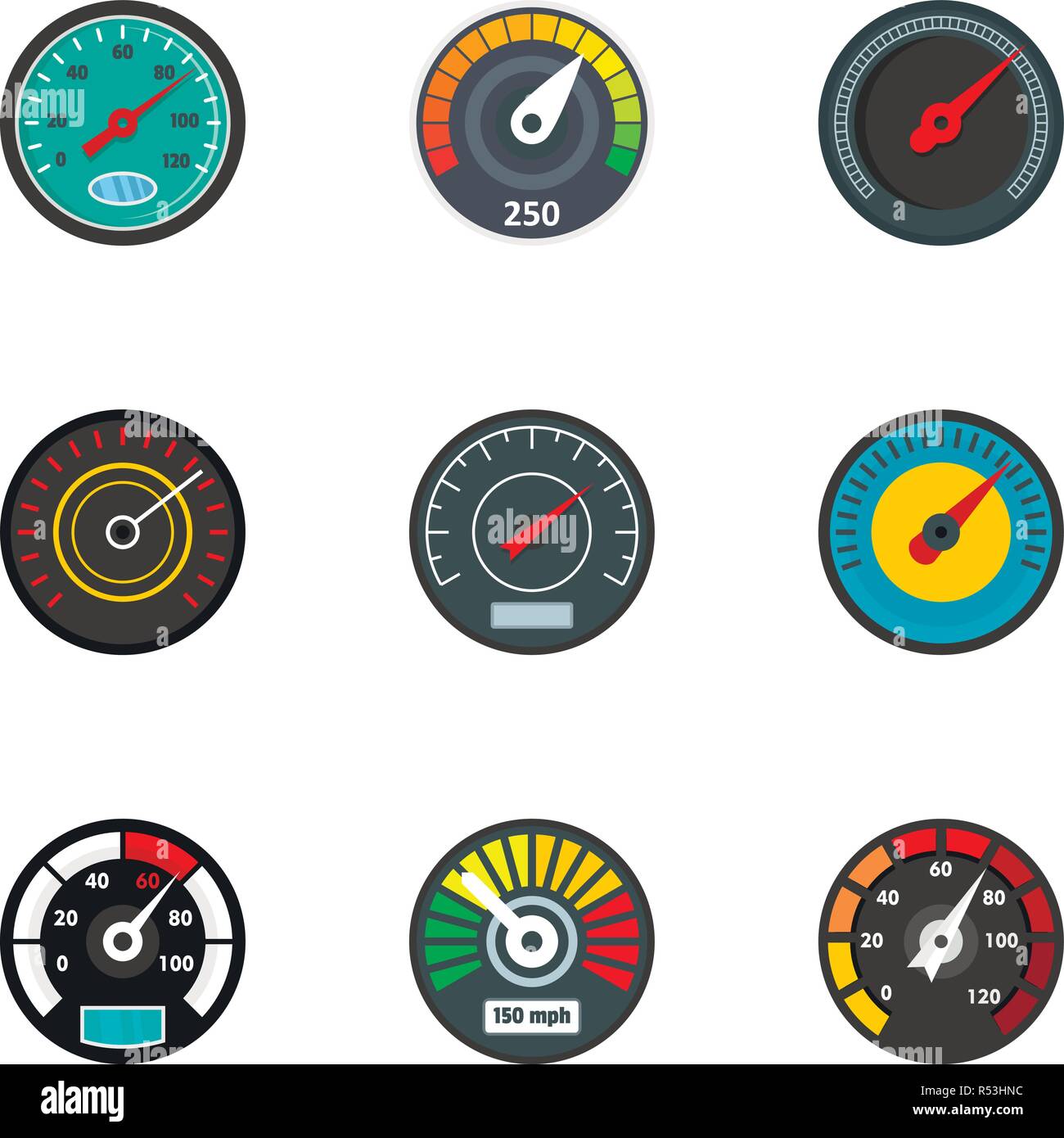 Speedometer icon set. Flat set of 9 speedometer vector icons for web ...