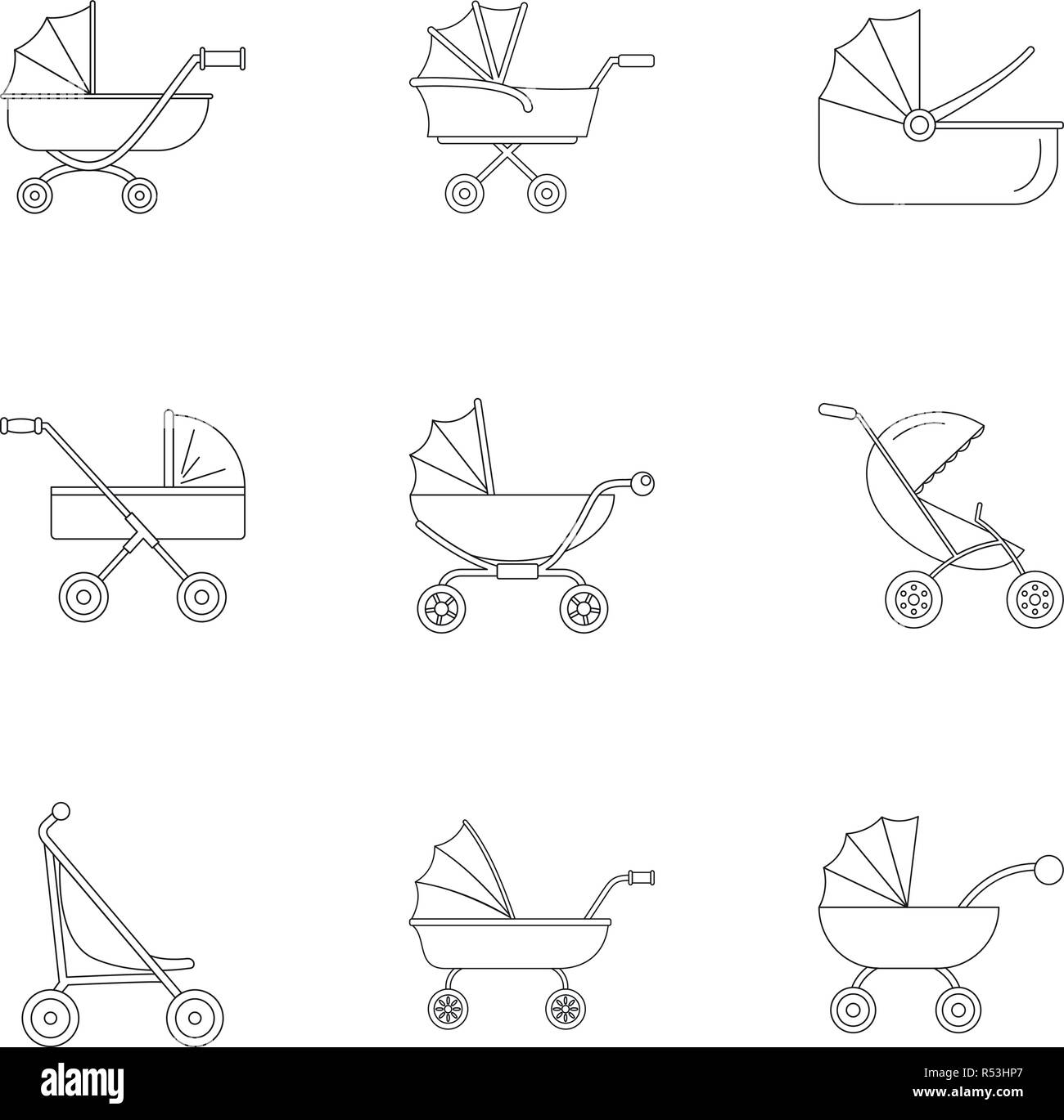 Baby carriage icon set. Outline set of 9 baby carriage vector icons for ...