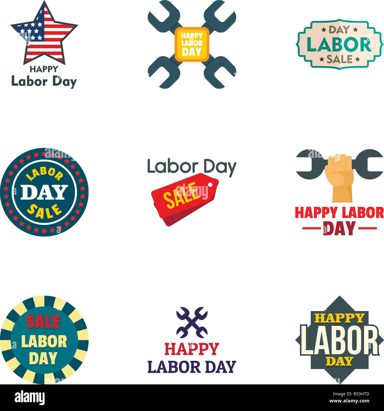 Labor day logo set. Flat set of 9 labor day vector logo for web design ...