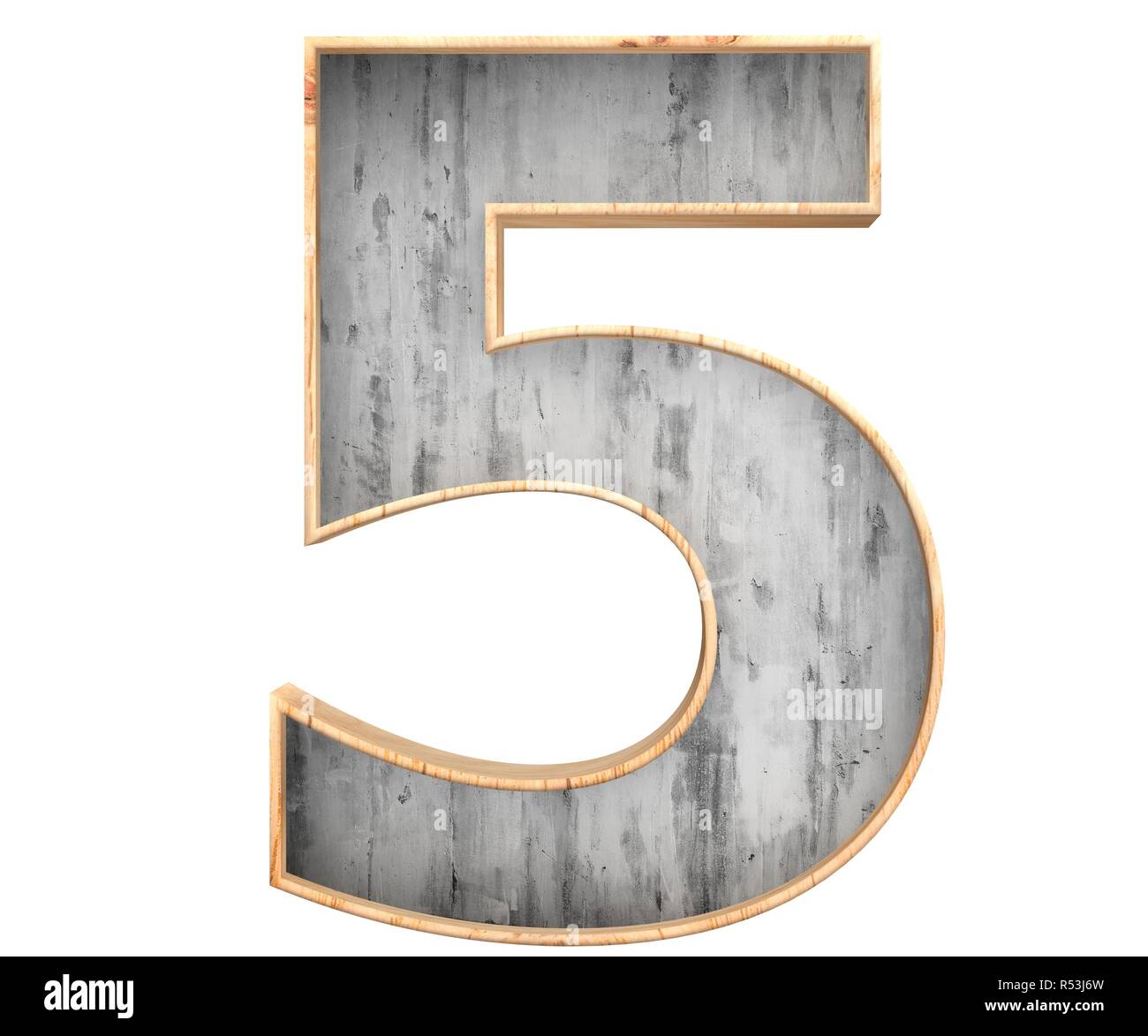 3D rendering concrete number 5 five with wooden border, isolated on ...