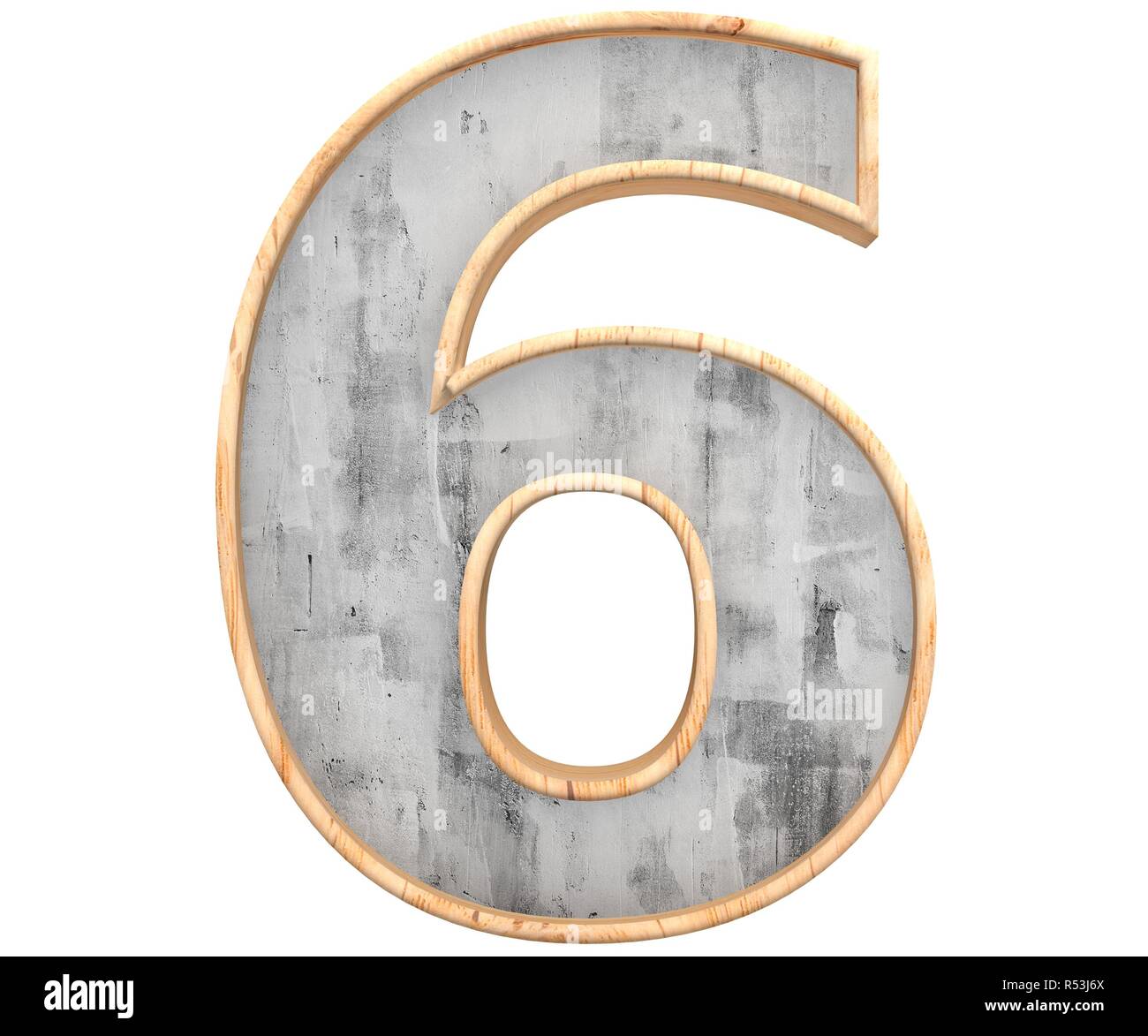 3D rendering concrete number 6 six with wooden border, isolated on ...