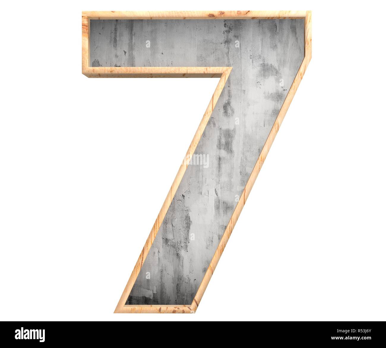 3D rendering concrete number 7 seven with wooden border, isolated on ...