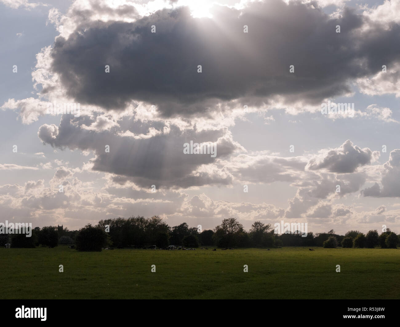 the sun poking through with beams of a very cloudy sky above an open ...
