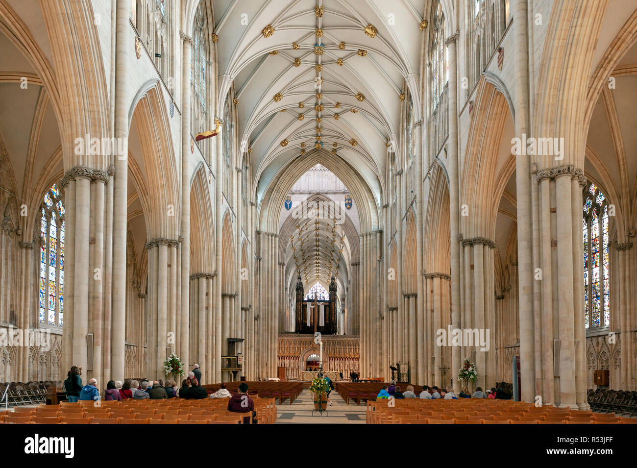 York, England - April 2018: Magnificent gothic Nave inside York Minster ...