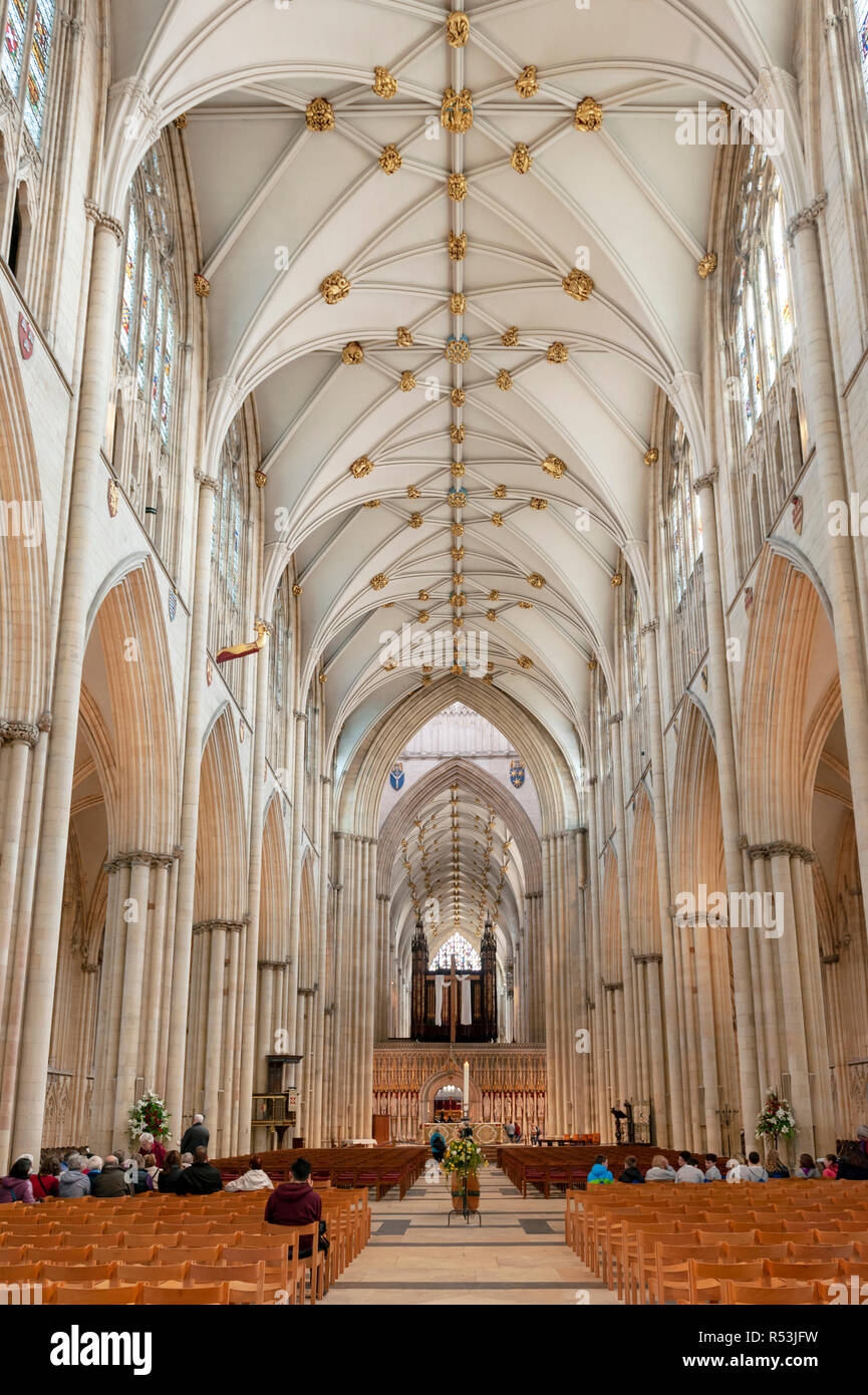 York, England - April 2018: Magnificent gothic Nave inside York Minster ...