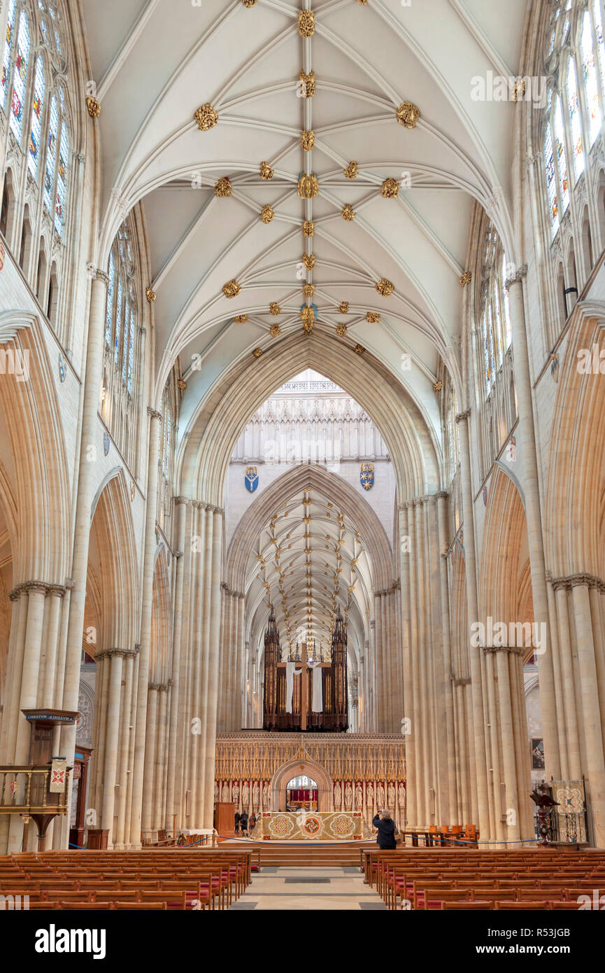 York, England - April 2018: Magnificent gothic Nave inside York Minster ...