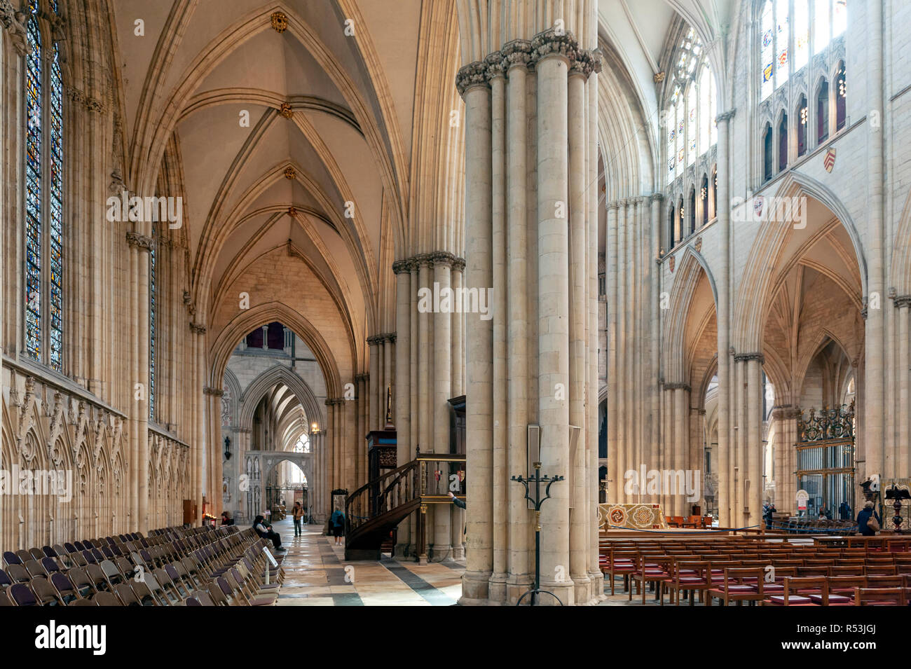 York, England - April 2018: Magnificent gothic Nave inside York Minster ...