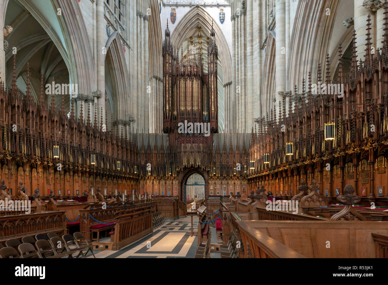 York, England - April 2018: The choir with the organ on the choir ...