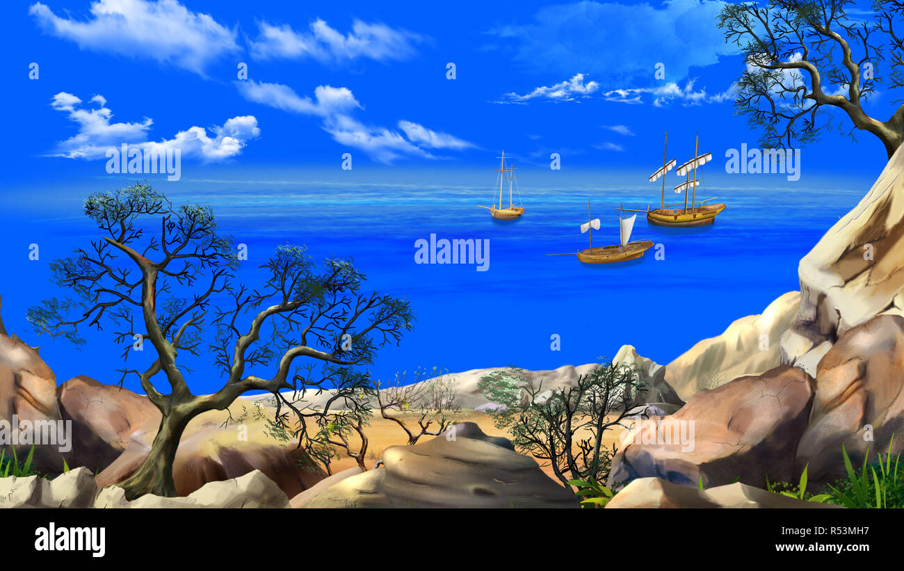 View of the Bay with Sailboats and lonely tree in a Summer Day Stock ...