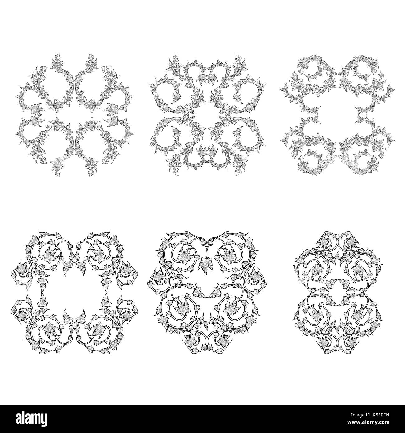 Six black isolated floral elements with leaves of Victorian style ...