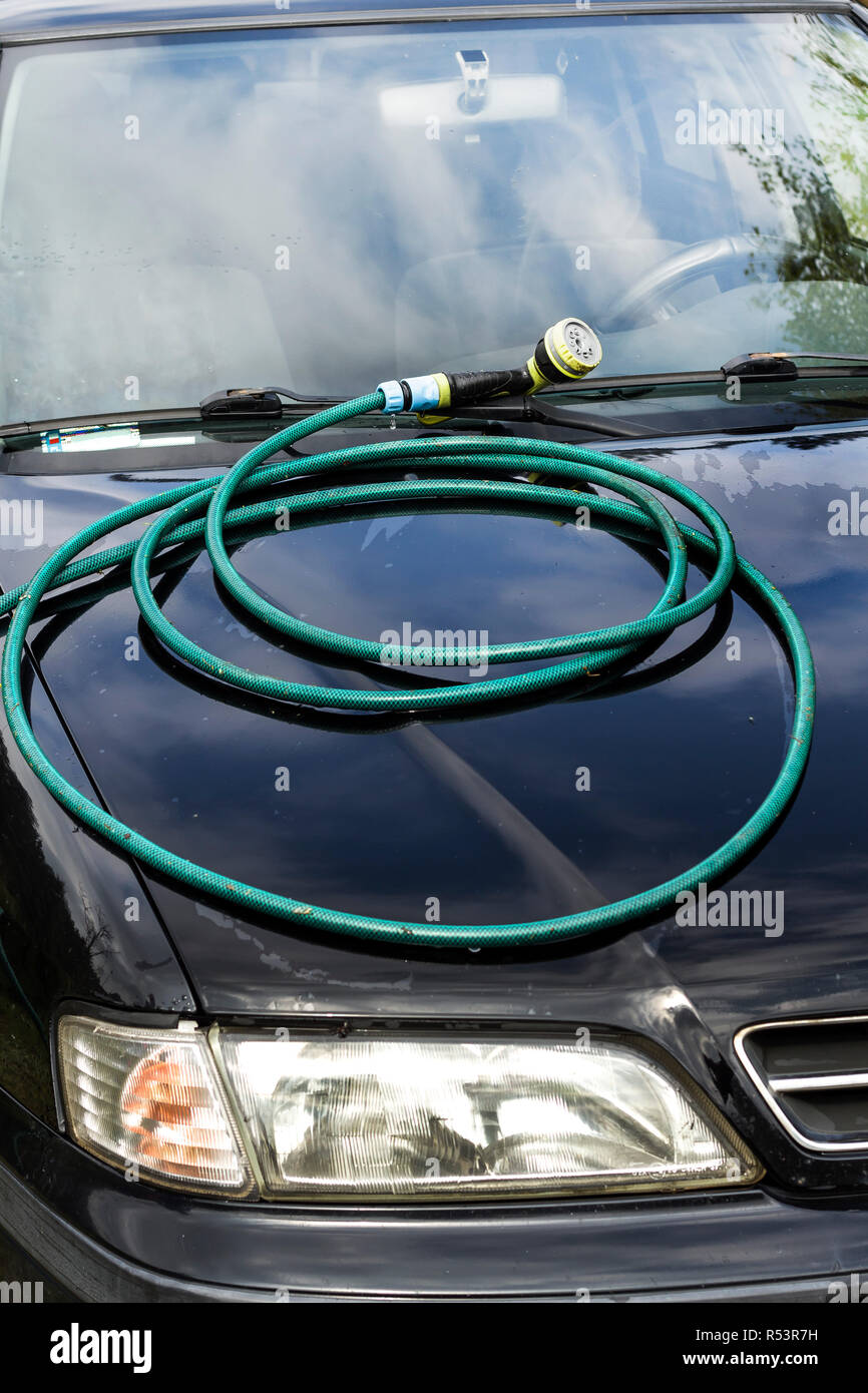 coiled garden hose lies on the car's hood Stock Photo - Alamy