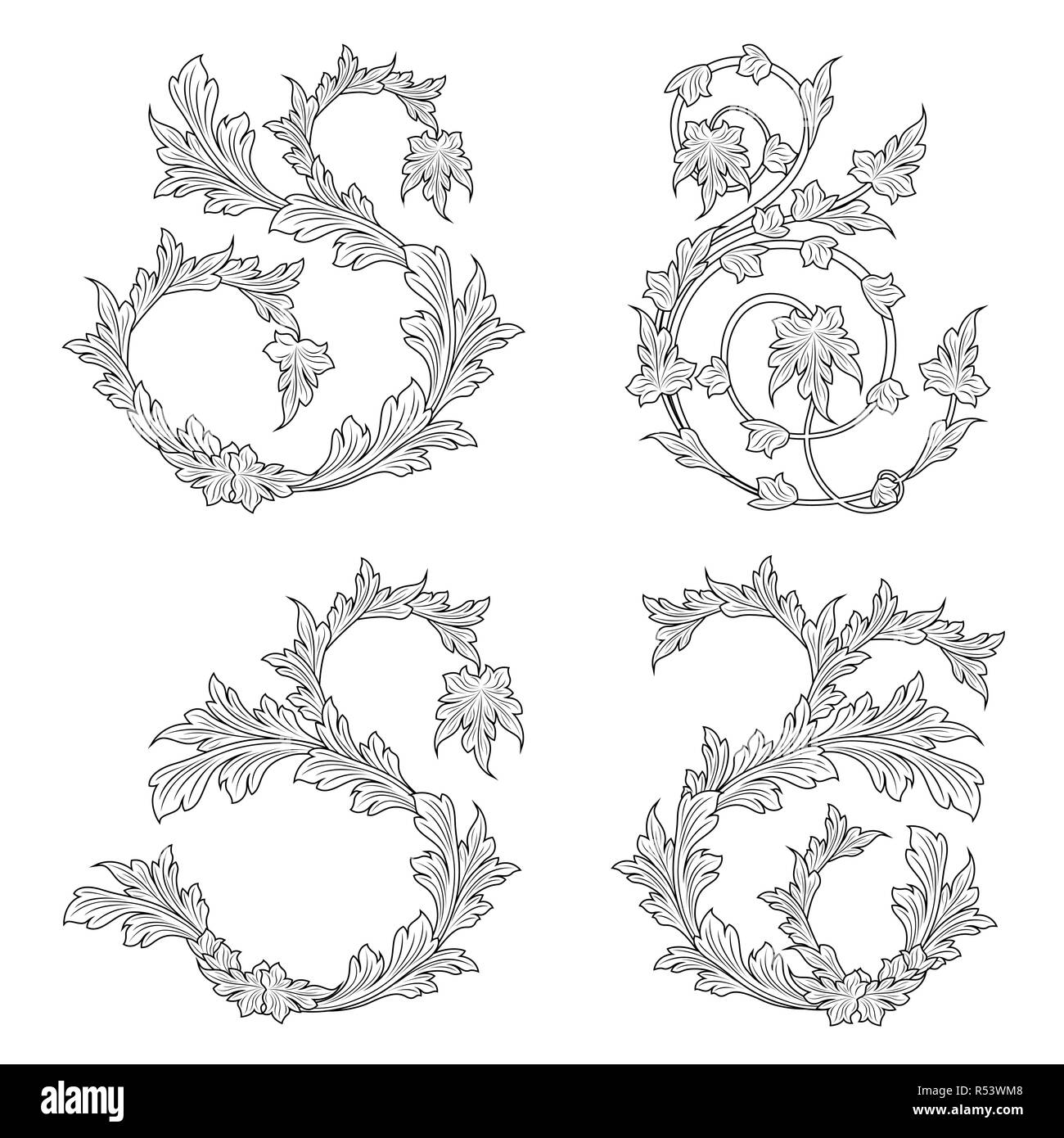 Four floral elements with leaves of Victorian style, black isolated ...