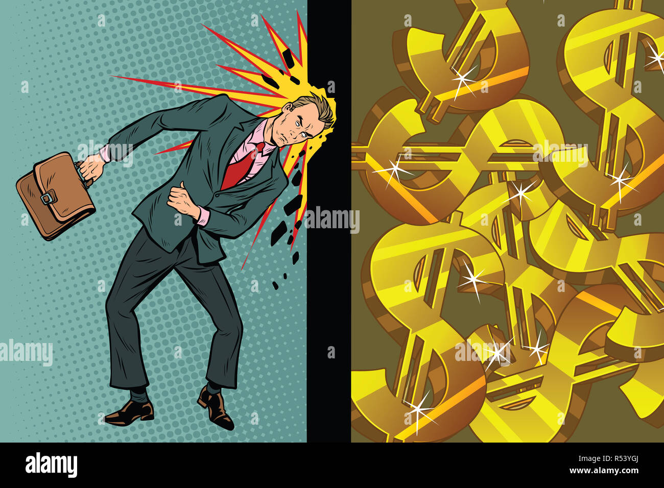 Businessman breaks the wall of his head, dollars and wealth Stock Photo ...