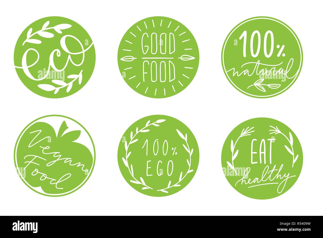 Collection of green circle label with hand-drawn lettering about ...