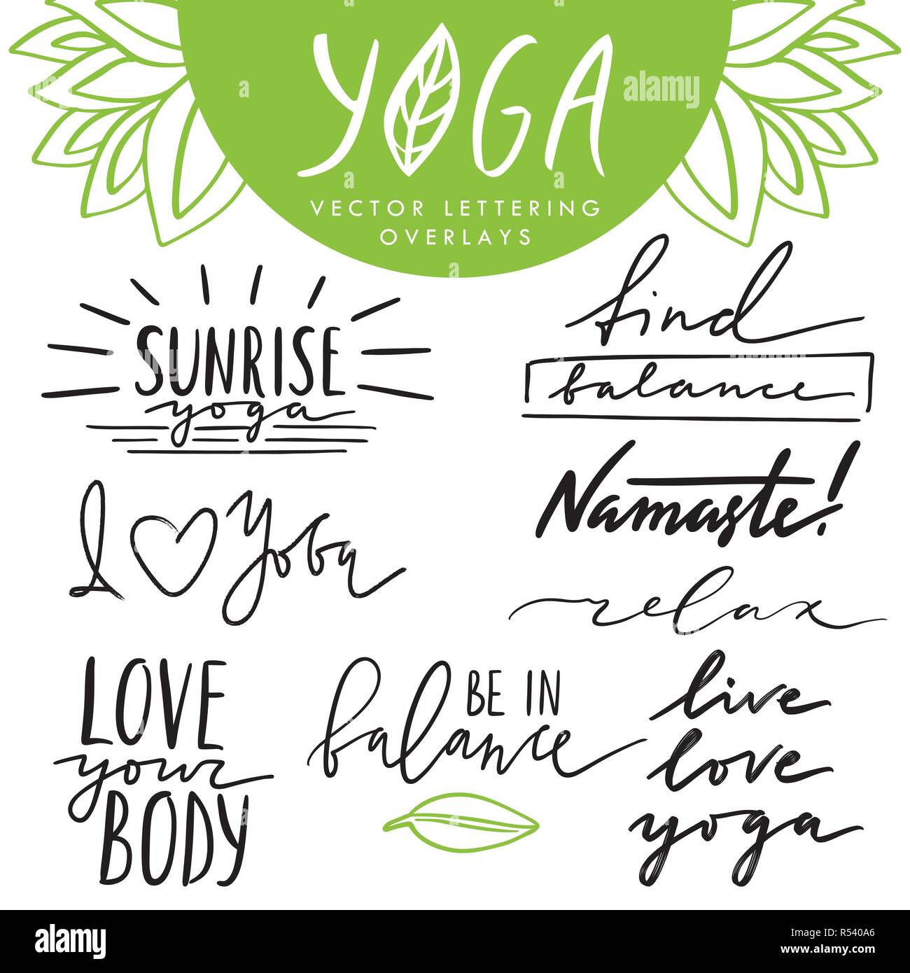 Vector hand drawn lettering overlays set about yoga and healthy ...
